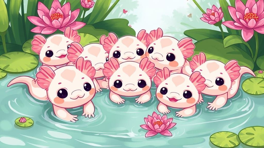 Daily Challenge #866: Axolotls - A group of axolotls drawn in a chibi ...