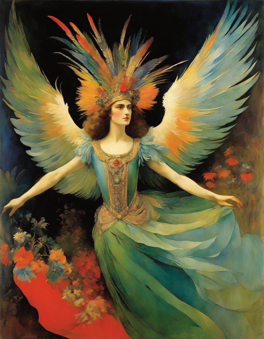 Surreal Dancer in Vibrant Watercolor with Gilt Acc... - AI Art