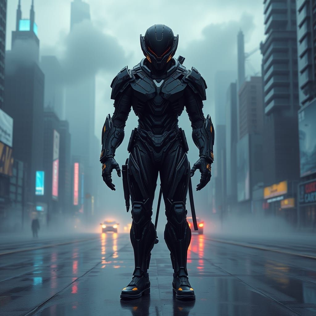 Epic Futuristic Alien Soldier in Cyberpunk Citysca... - AI Art