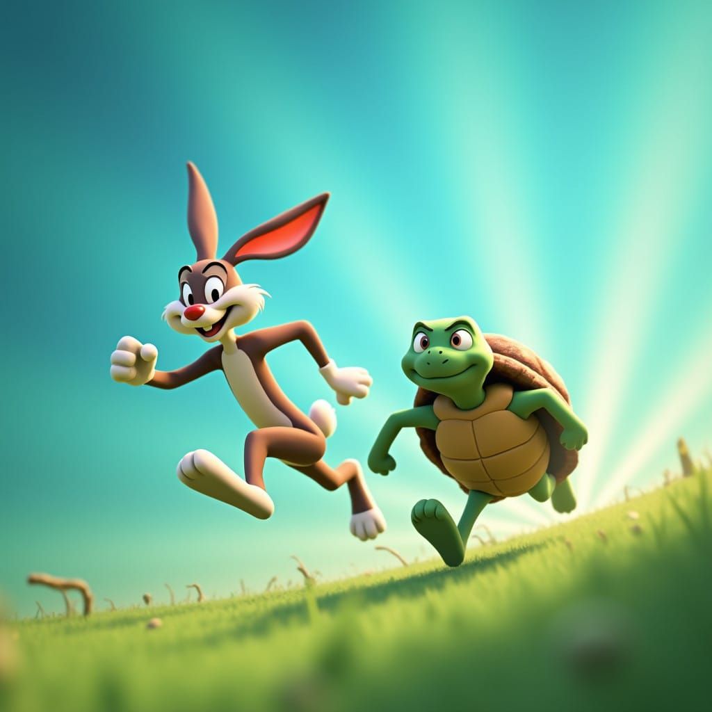 Whimsical Hare and Tortoise Racing Scene in a Brig... - AI Art