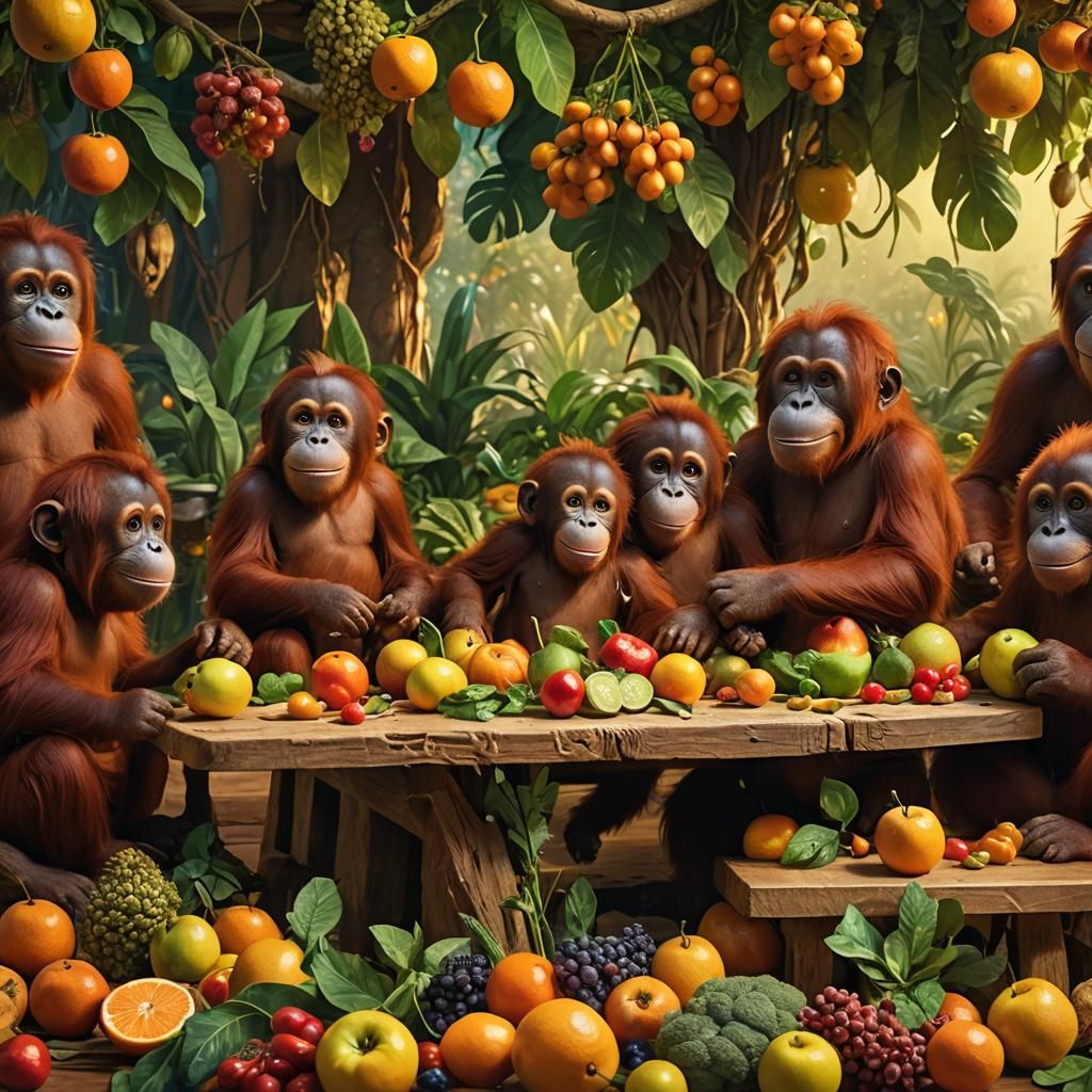 Whimsical Baby Orangutans Gather Around a Vibrant ... - AI Art