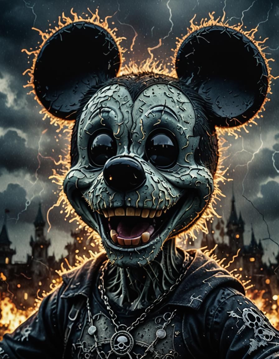 blackmetal style, xerox, face close-up of zombie mickey mouse, black ...