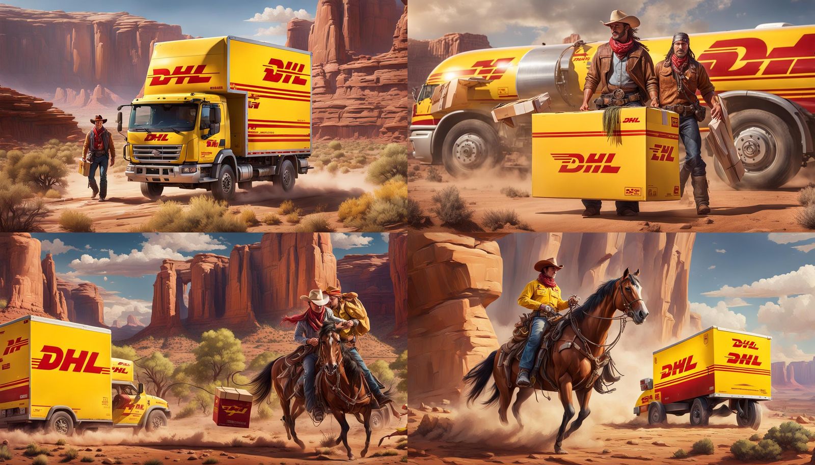 photorealistic high resolution image of a cowboy in DHL-branded livery ...