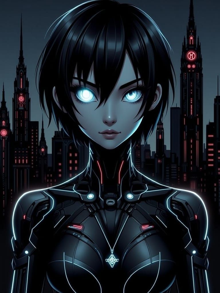 An Anime stylized illustration of a defiant robotic Goth female with ...