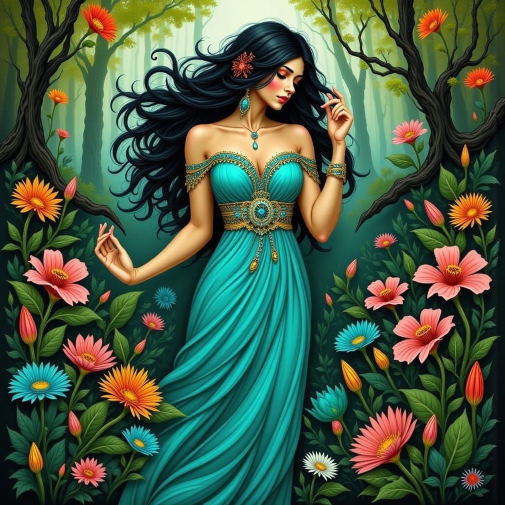 Turquoise Goddess in a Lush Jungle Paradise - AI Art
