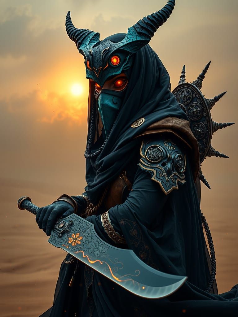 Futuristic Shinobi Nun-Scout in Turquoise Mask and... - AI Art