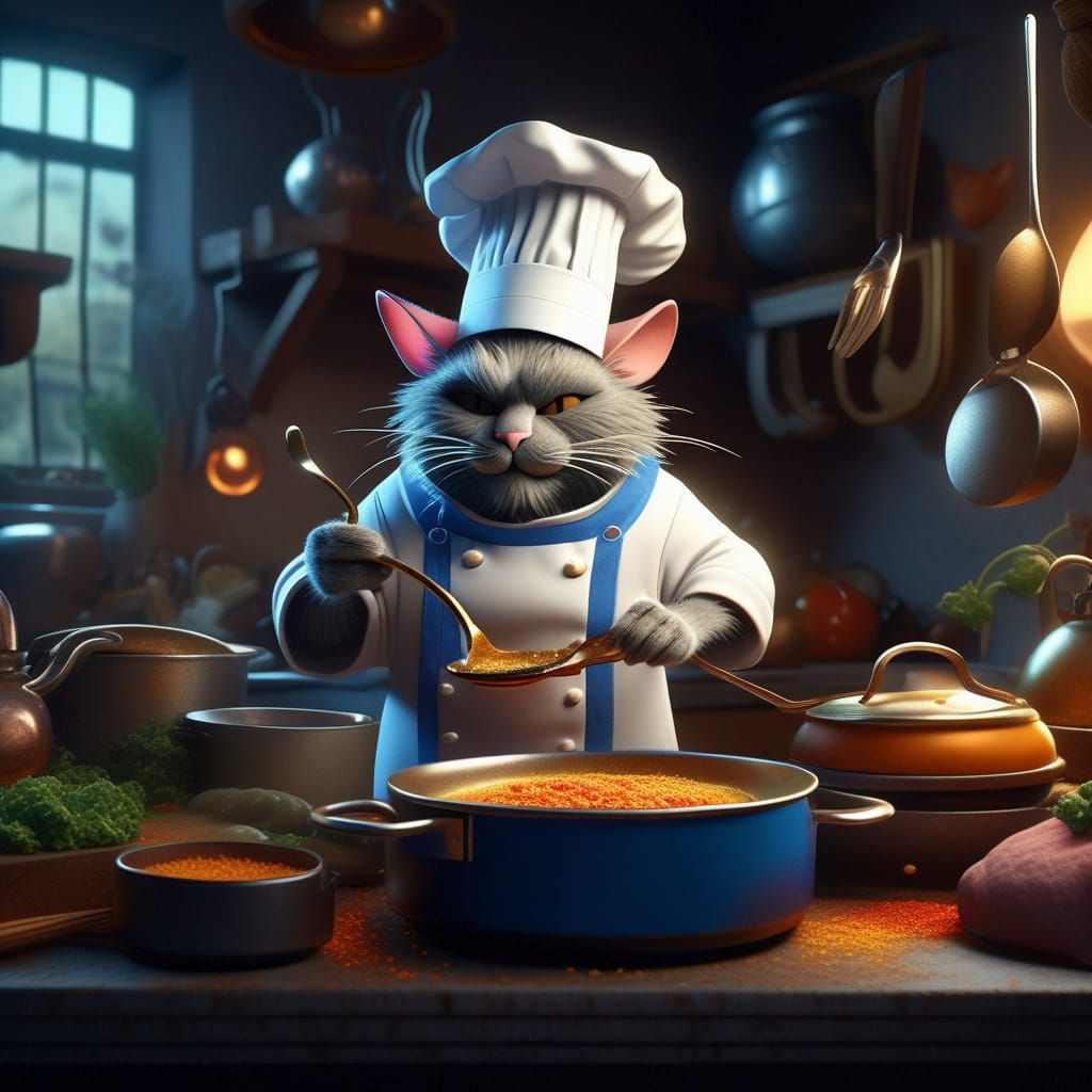 A fantasy cat Chef which is cooking a mouse in a pan. detailed matte ...