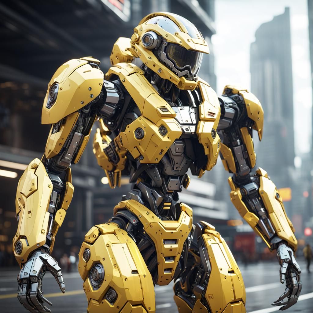Banana driving mech suit intricate mech details, ground level shot, 8K ...