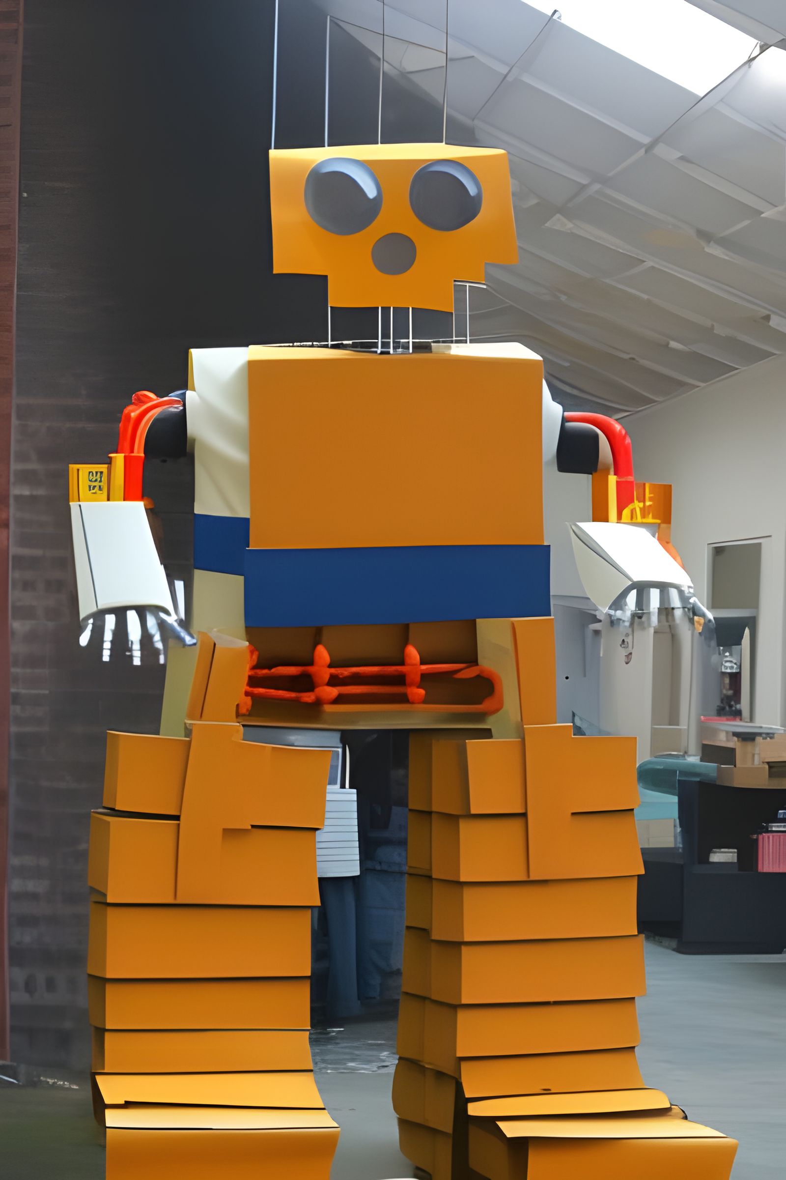 Cheesy homemade robot made of cardboard and flexible arms spraying a ...