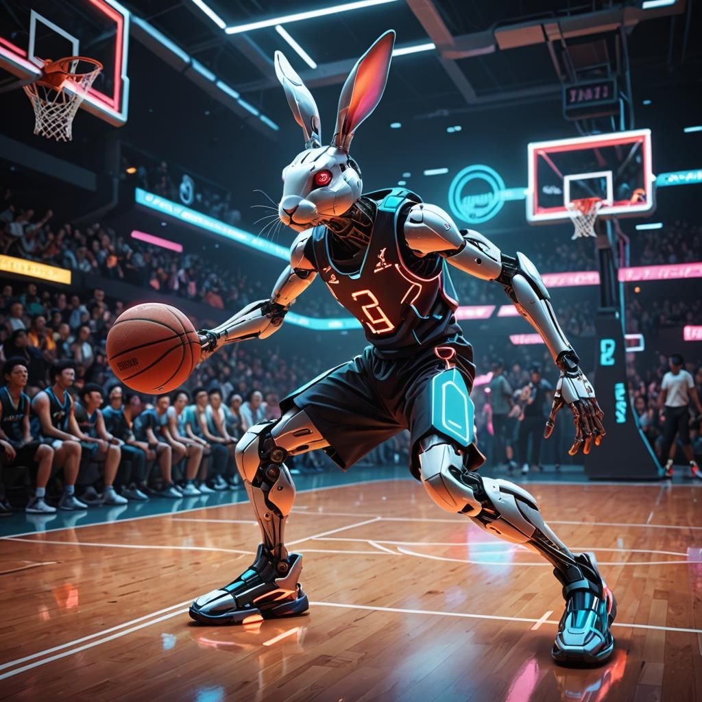 Cybernetic Rabbit Plays Basketball in Futuristic S... - AI Art