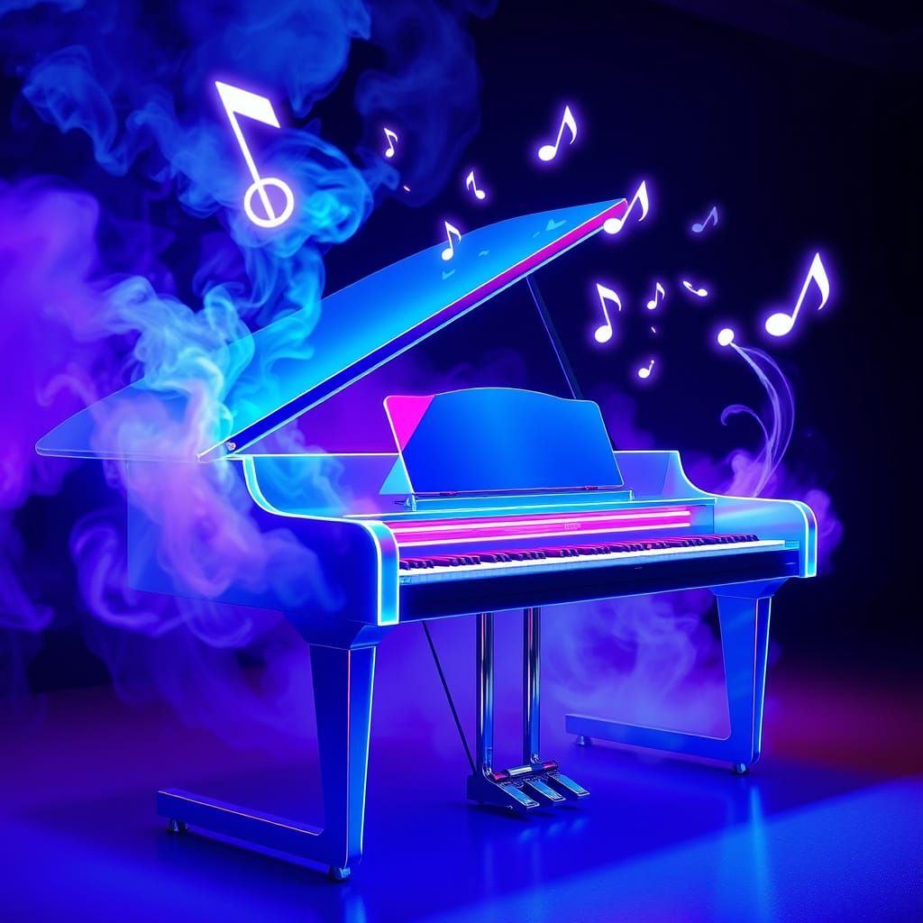 Cyberpunk Piano in Electric Blue with Dancing Neon... - AI Art