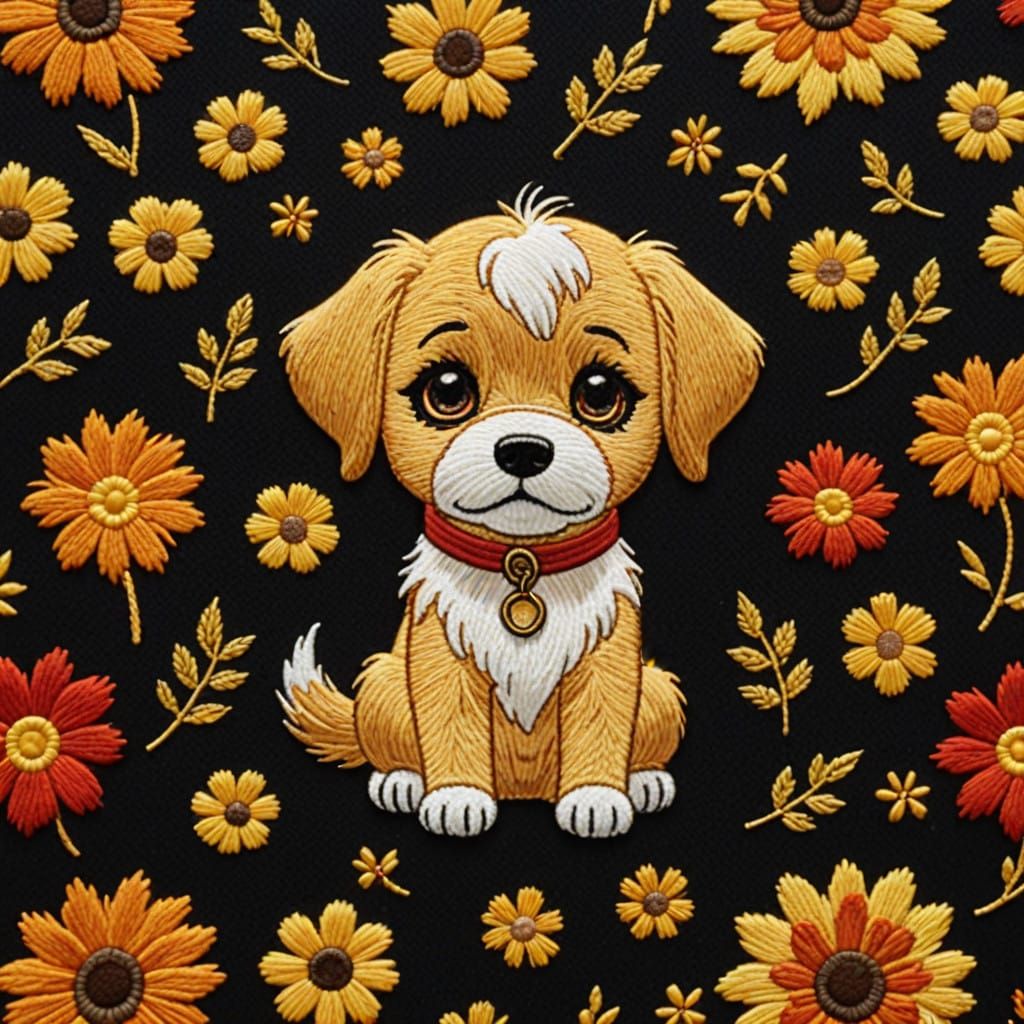 Golden Chibi Puppy Embroidered in Intricate Anime ... - AI Art