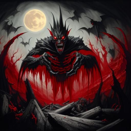 Terrifying shadow vampire, violent, red eyes, sharp teeth. 1800s oil ...