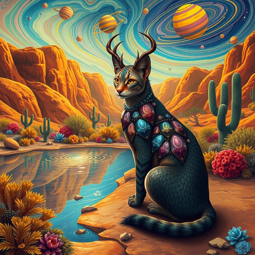 Surrealist Feline in Dreamlike Desert Landscape - AI Art