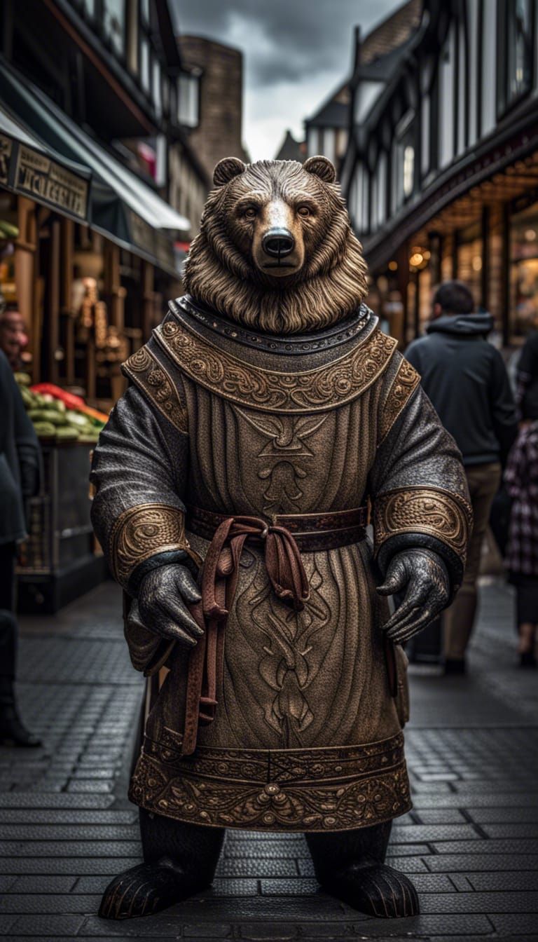 Photograph of a Medieval Bear, Standing in Market Street, intricate ...