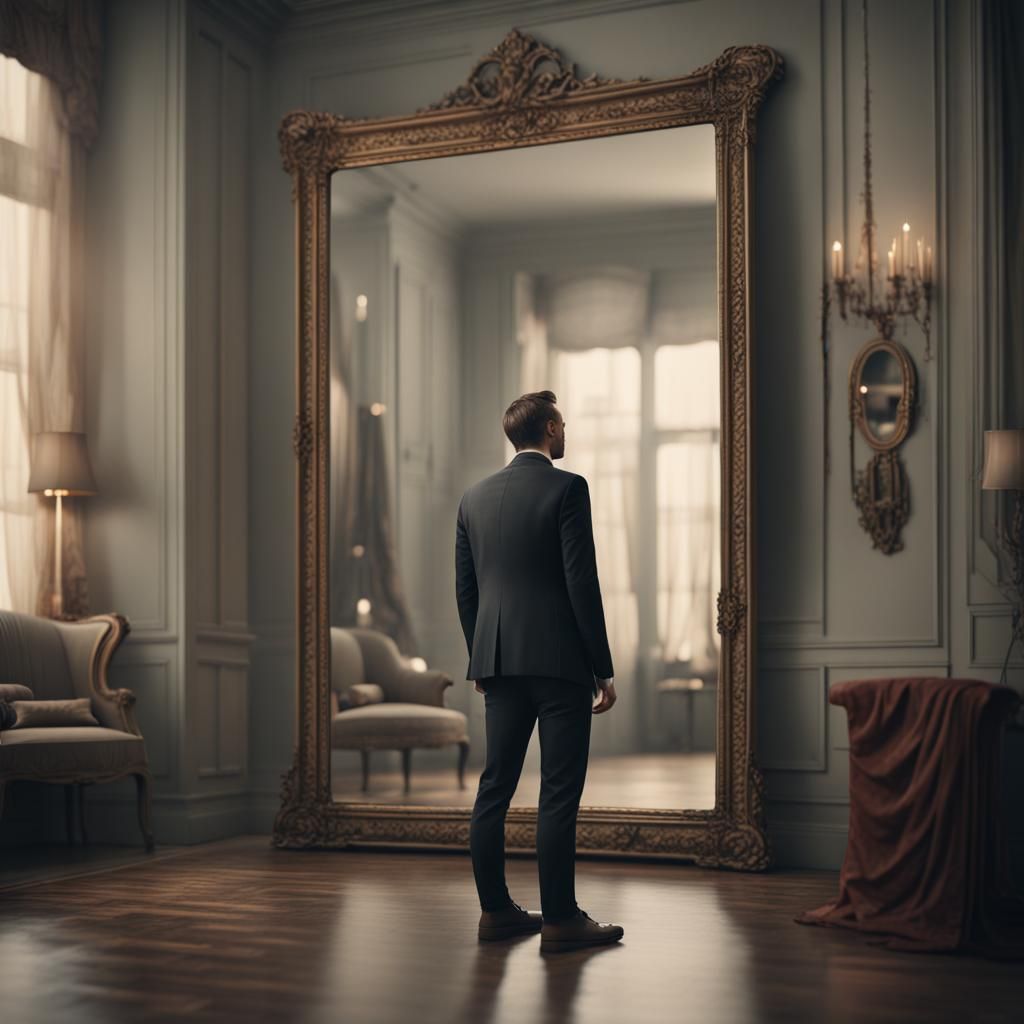 Short man looks tall in a mirror because of an optical illusion - AI ...