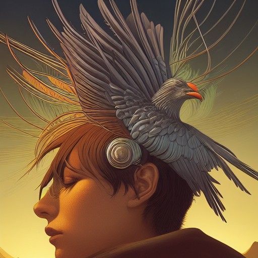 black crows knocked a nest on human head, open mouth, light effect ...