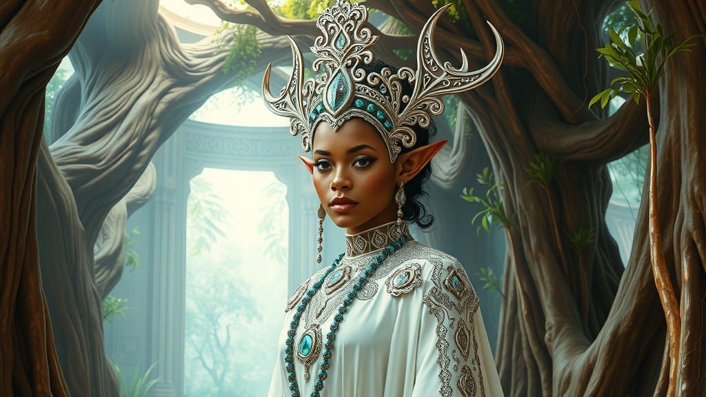 Elven Priestess in Her Ceremonial Robes and Regalia.