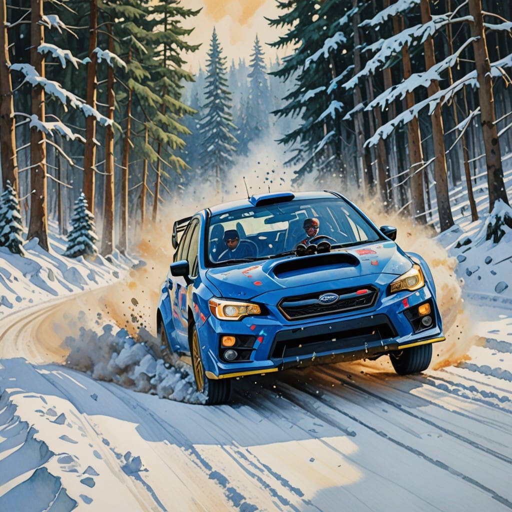 Impreza WRX STI in snow - Snowy Rally Car Scene in Gouache M...