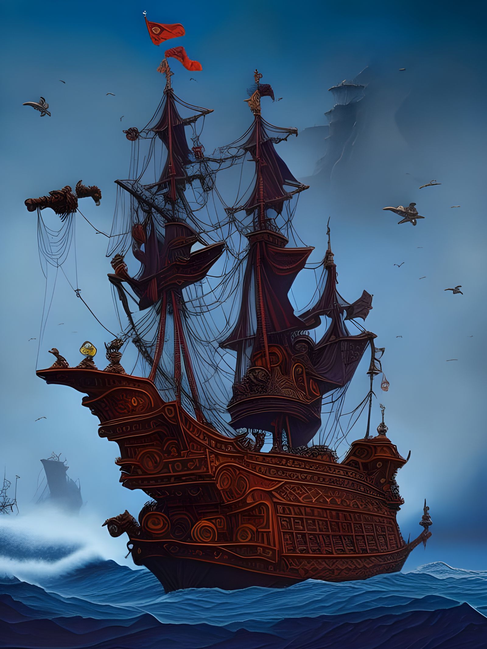 Photorealistic photo of a steampunk pirate penguin on a pirate ship in ...