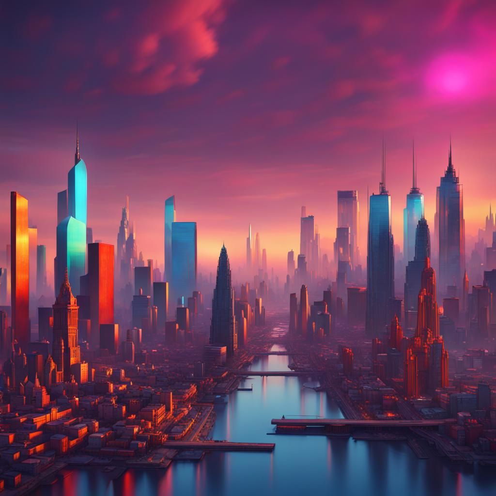 A minimalist painting of a city skyline in bright colors and high ...