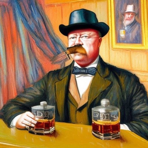Theodore Roosevelt wearing a baseball hat while drinking a bourbon in a downtown Washington DC ...