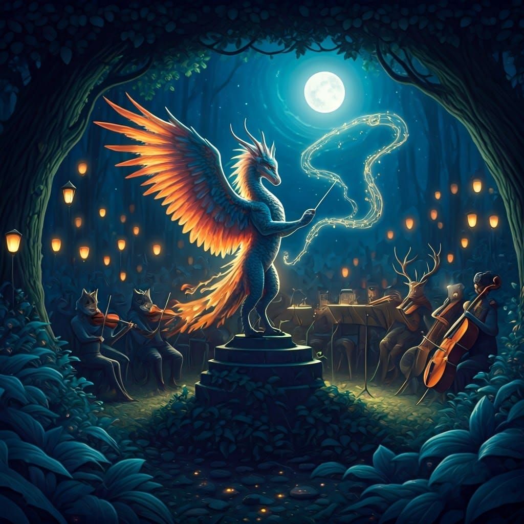 Mythical Creature Conductor in Enchanted Forest - AI Art