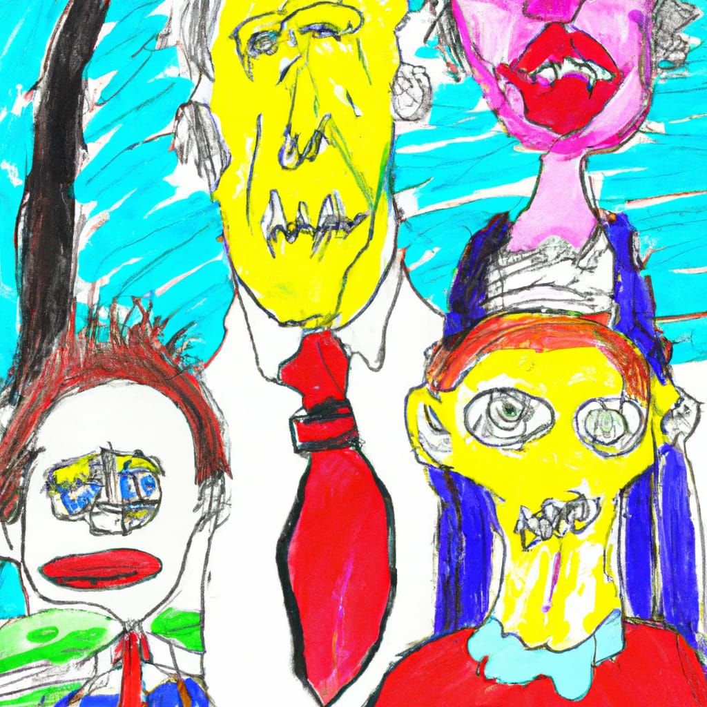 A poorly drawn cartoon portrait of an American family a surreal scene ...