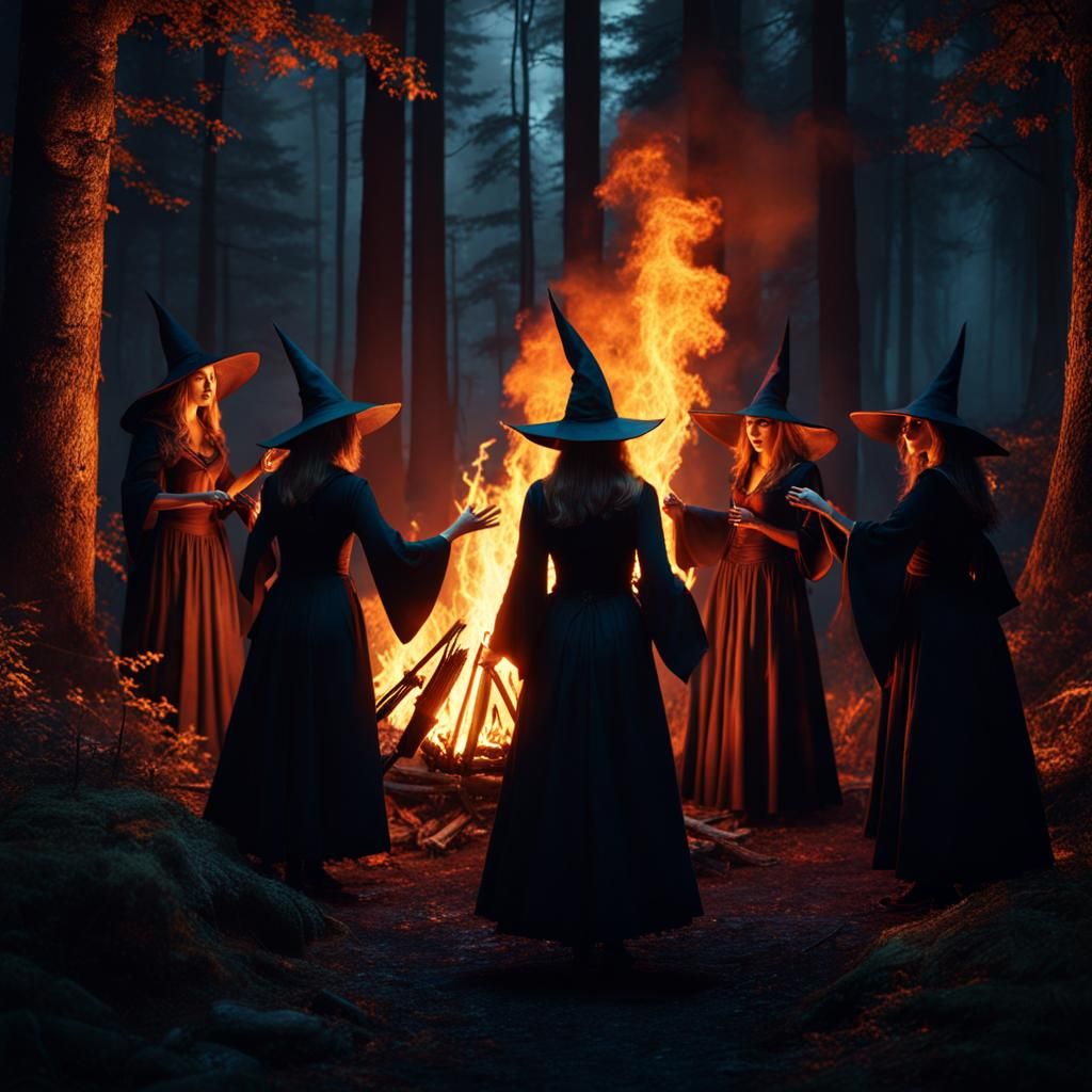 A Witches Coven In The Forest At Night Dancing Around A Fire Ai