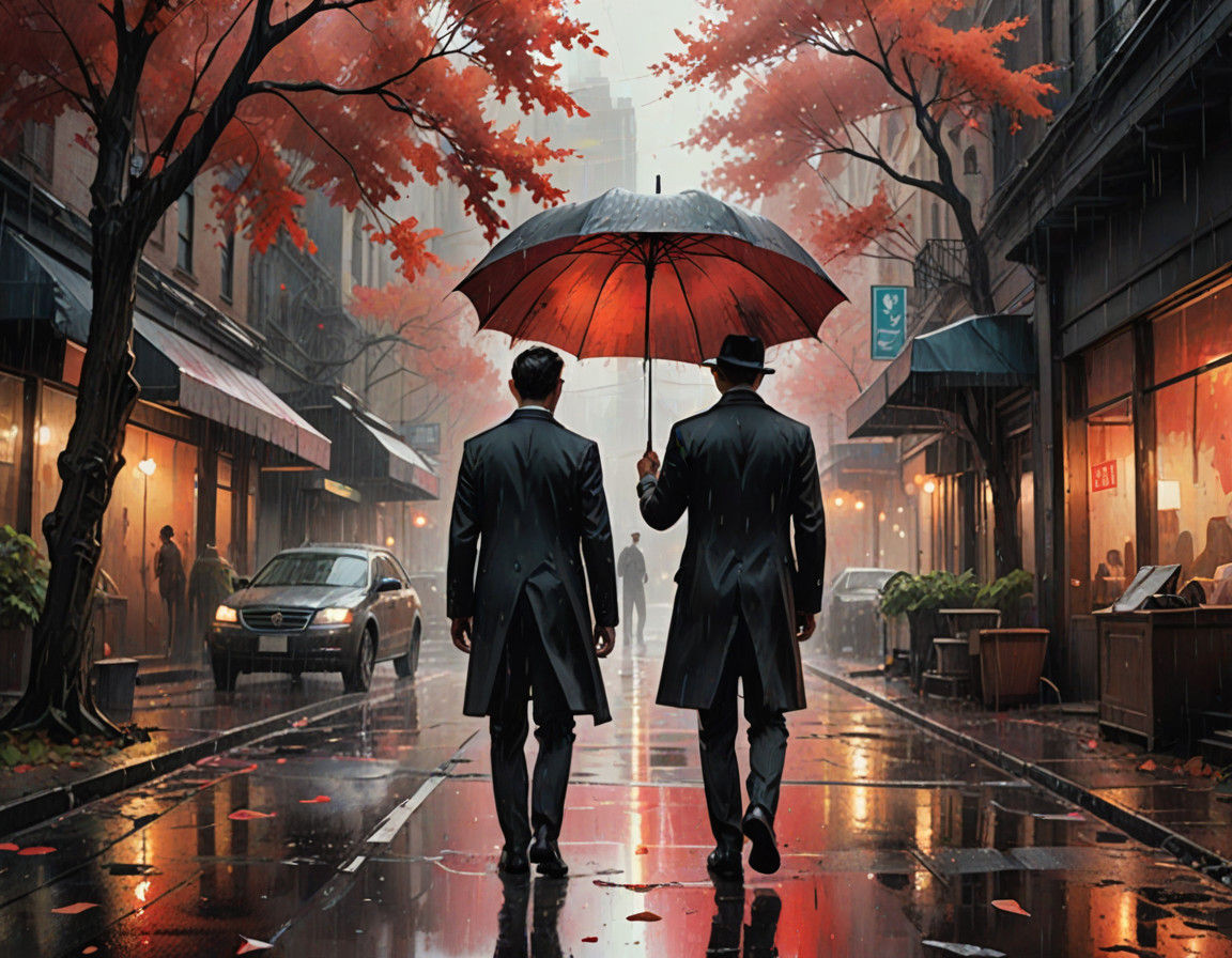 Man in Black Suit Walks Away in Rainy Liminal Spac... - AI Art