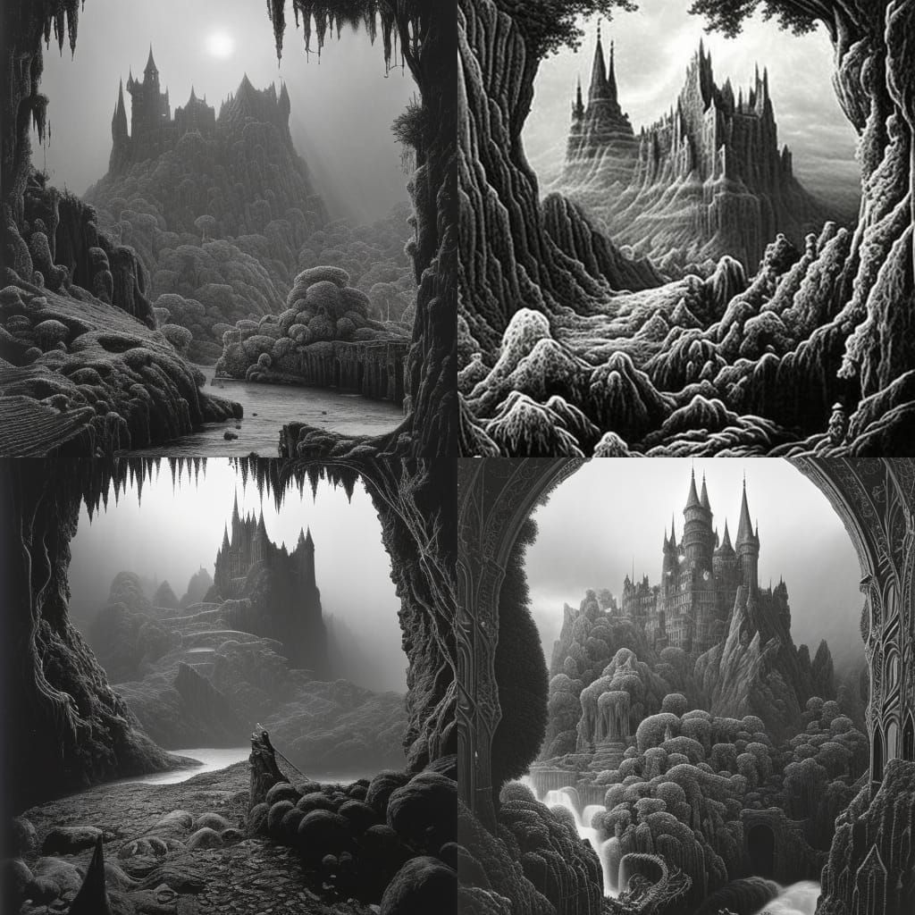 path view of a fantastical landscape with haunting castles and complex ...