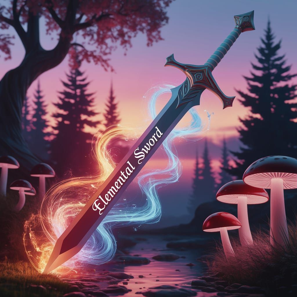 An ethereal sword with swirling elemental energies of fire, water ...