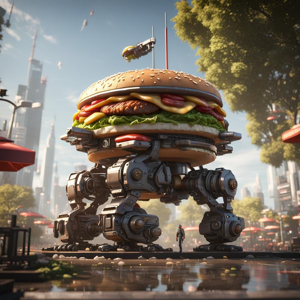 Big Burger intricate mech details, ground level shot, 8K resolution, No ...