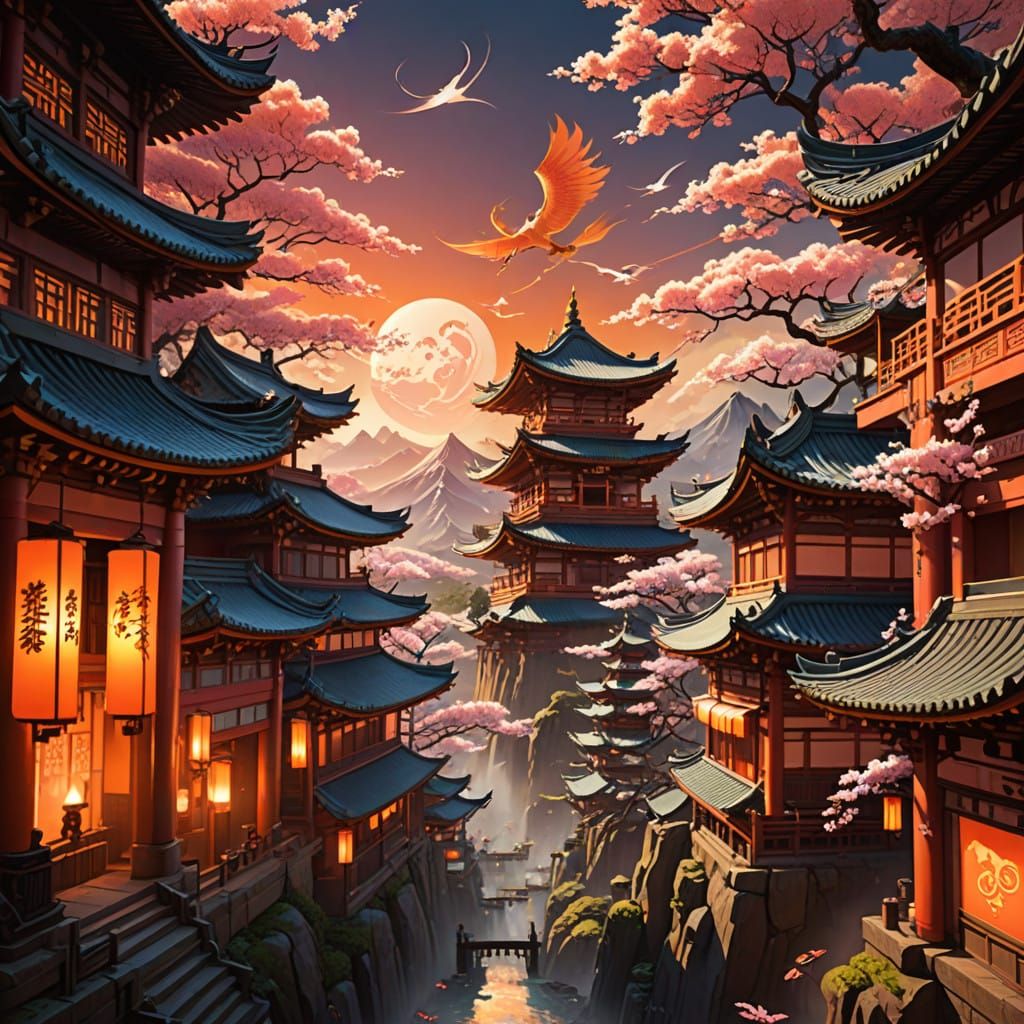 Epic Oriental Art Digital Matte Painting with Intr... - AI Art