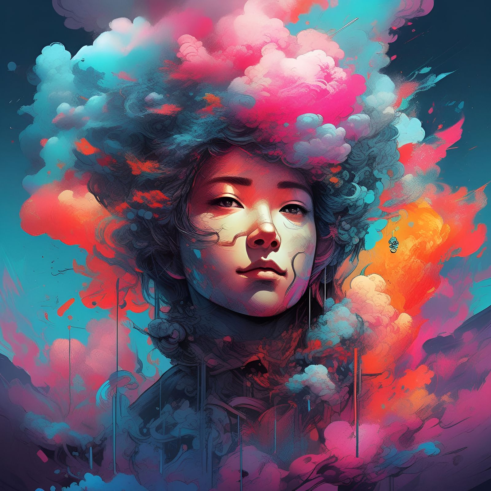 elaborate ink illustration frontal poster of a portrait of a cloudy ...