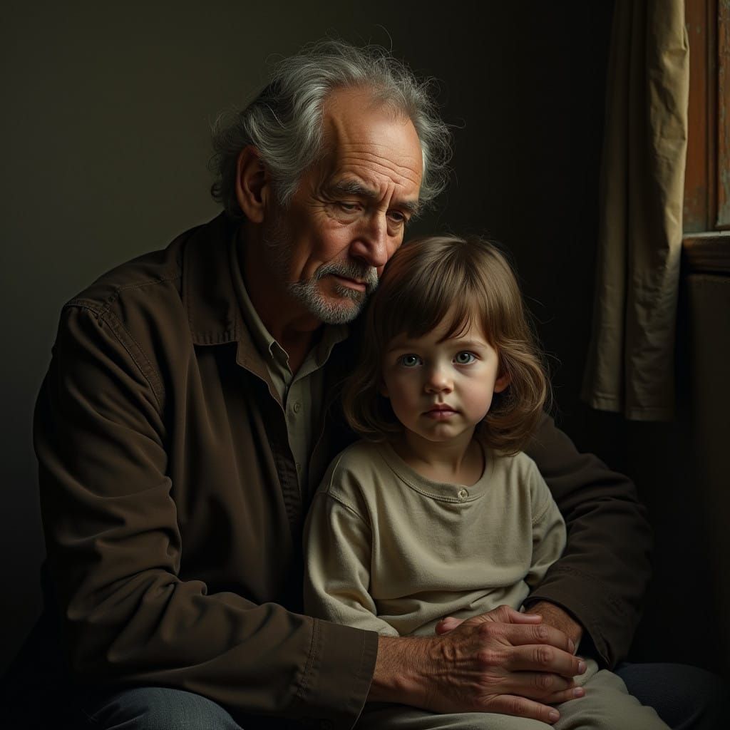Aged Gentleman and Young Girl Share Sorrowful Mome... - AI Art