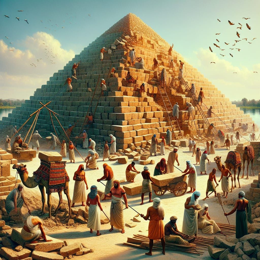 Construction site of a half finished pyramid in ancient egypt