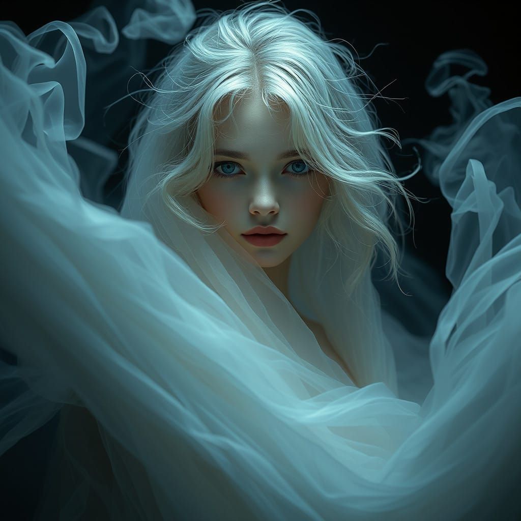 Ethereal Dreamlike Woman in Diaphanous Fabrics - AI Art