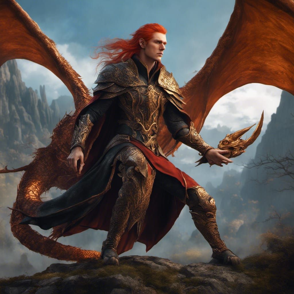 A red hair high elf wizard ,with copper dragon traits, scales in arms ...