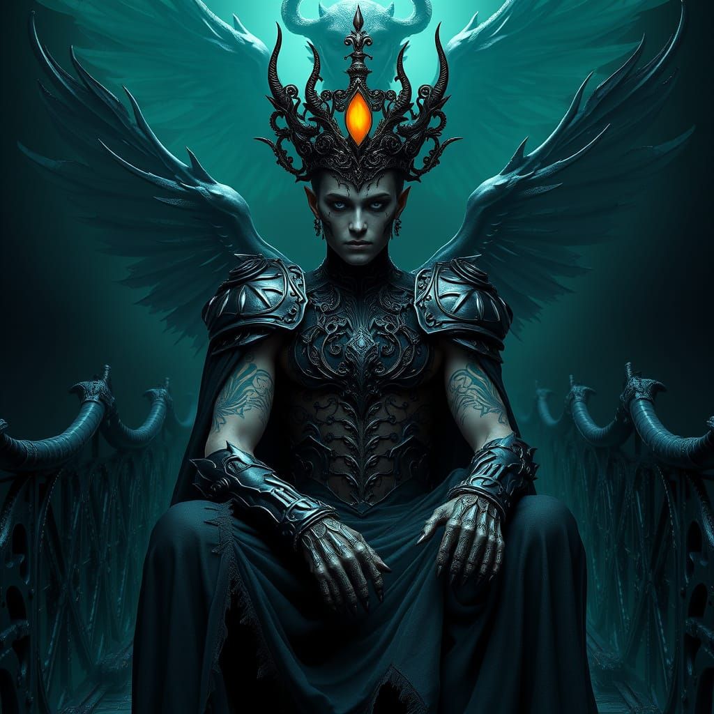 Gothic God Sits Regally on Dark Bridge Amidst Twis... - AI Art