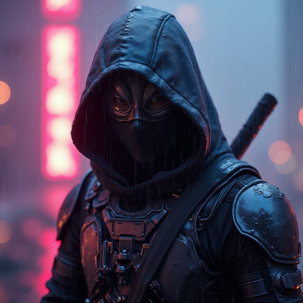 Cyber Ninja Infiltration on Neon Rooftop, Cyberpun... - AI Art