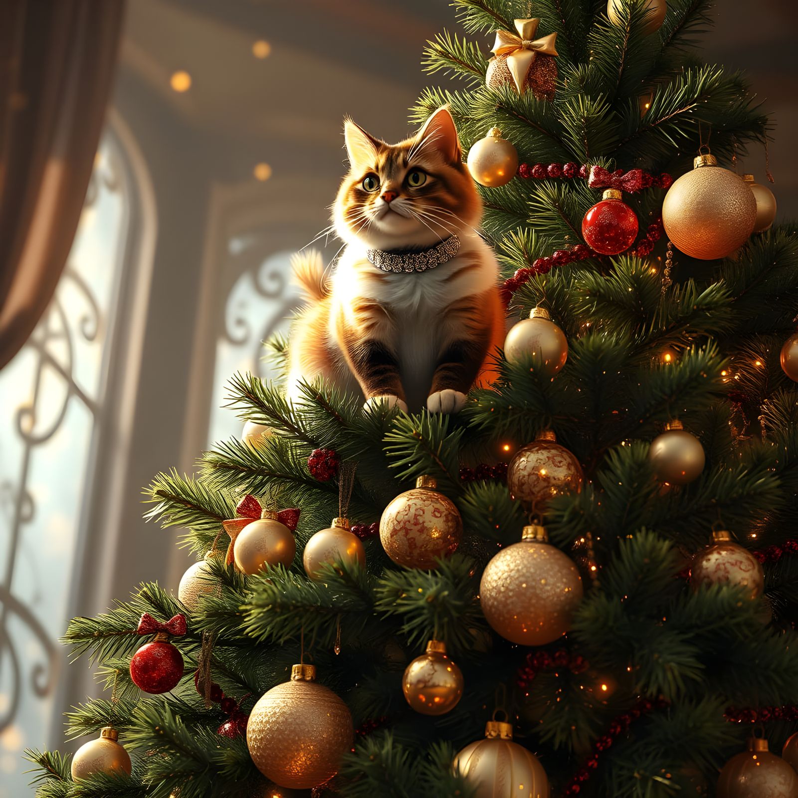 Festive Feline on a Fantastical Christmas Tree - AI Art
