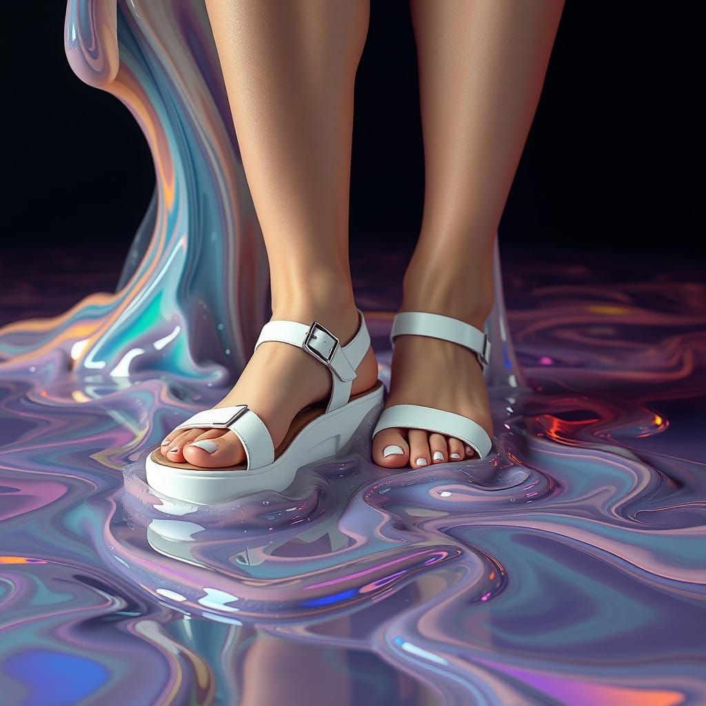 Woman's Feet Entangled in Vibrant, Iridescent Glue - AI Art
