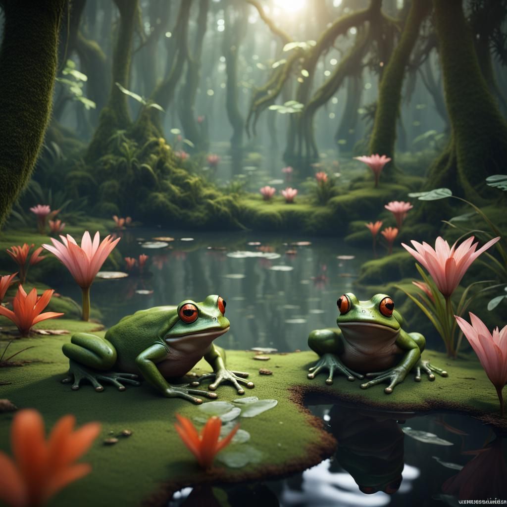 Frogs in the jungle forest where there are trees and lots of flowers and a swamp - AI Generated ...