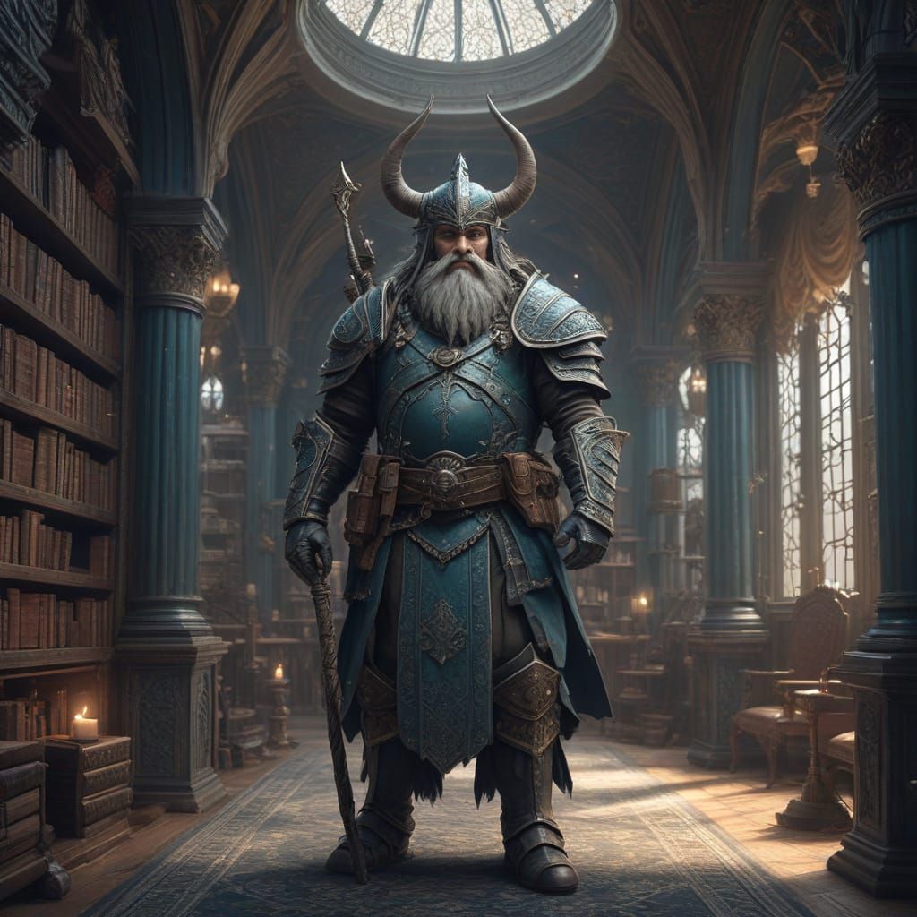 Majestic Fantasy Library Hall with a Serious Dwarf - AI Art