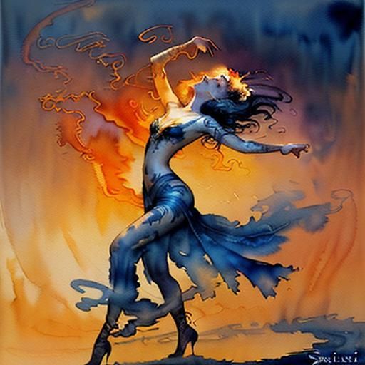 Dancing sinuously on flames in smoke : Beautiful, surreal, watercolor ...