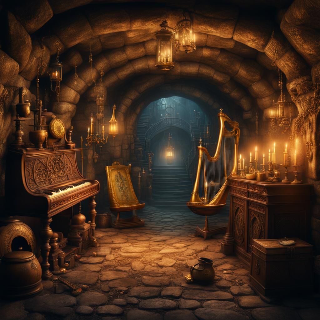 medieval secret underground chamber with antique items and golden harp ...