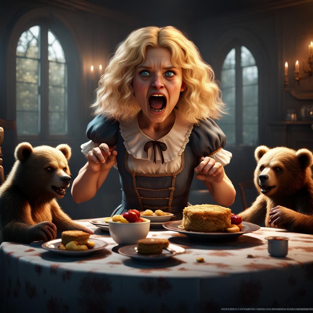 goldilocks is an extremely evil scary evil giant girl. She is angrily ...