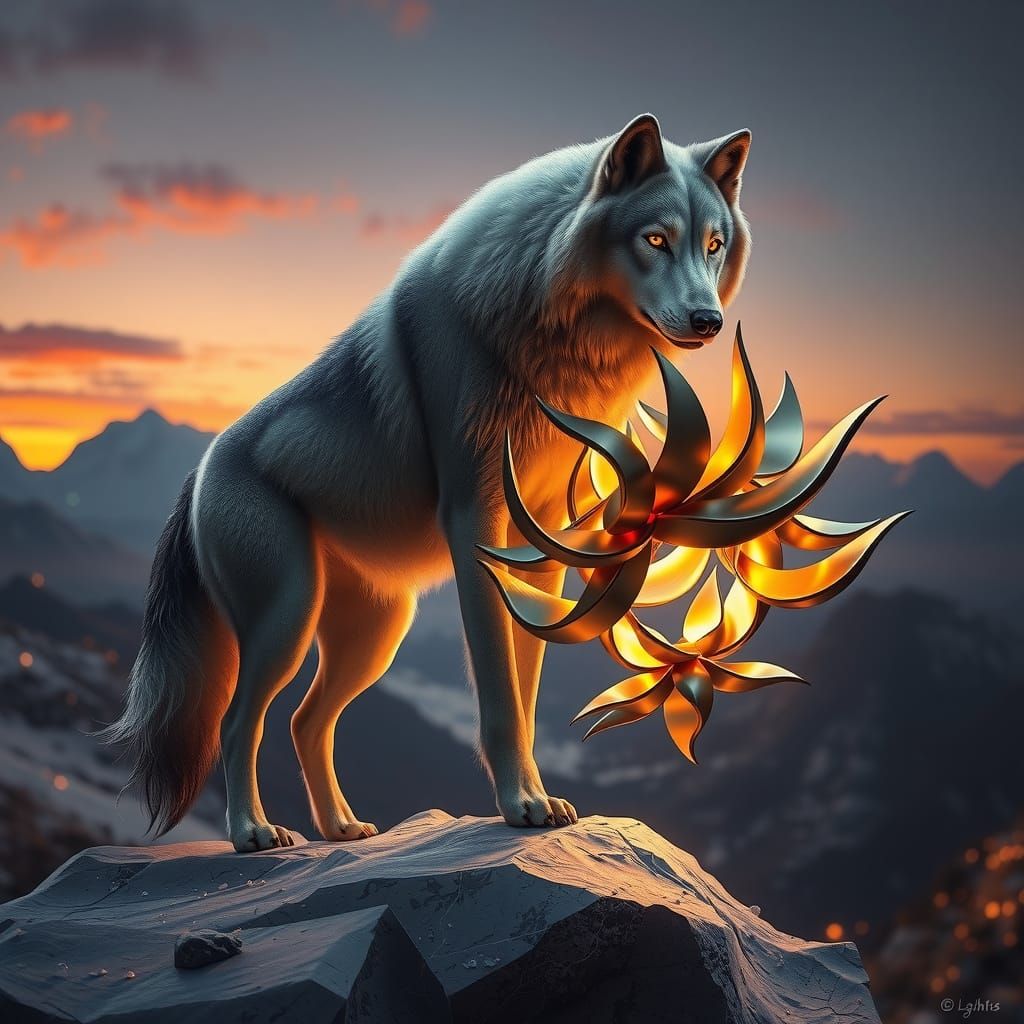 Ethereal Wolf Standoff Against Snow-Covered Mounta... - AI Art