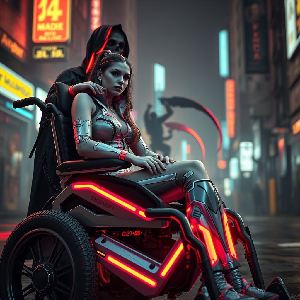 Grim Reaper Woman in Cyberpunk Electric Wheelchair - AI Art
